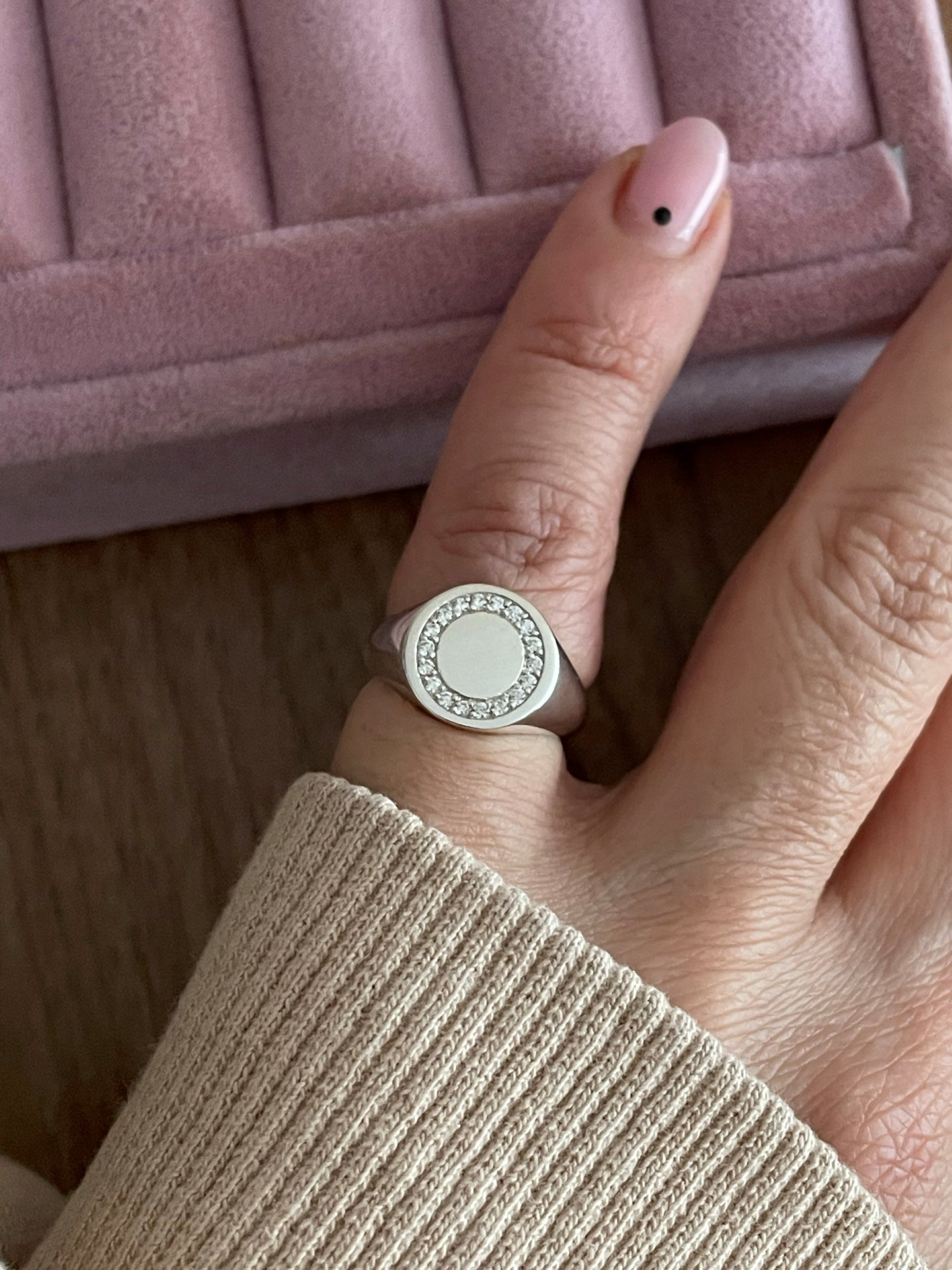 Diamond Sterling Silver Signet Ring, Diamond Signet Ring, Silver Signet ...